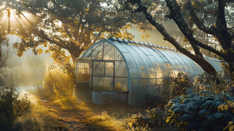 A Rustic Greenhouse in a Countryside Setting, Filled with Plants and ...