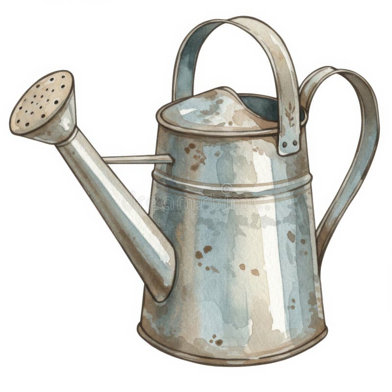 Rustic Grey Metal Watering Can Watercolor Illustration Stock ...