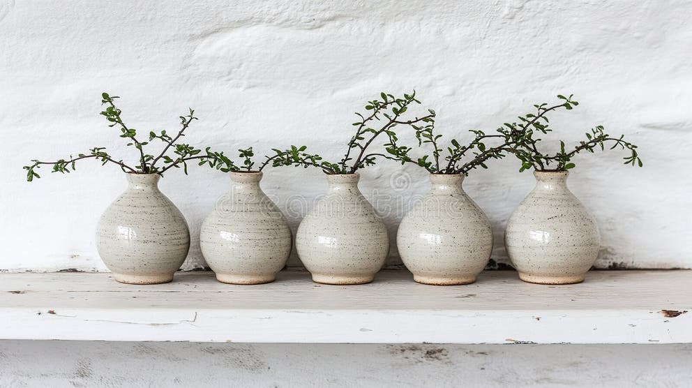 Rustic Grey Vases with Sprigs, Shelf, White Wall, Home Decor Stock ...