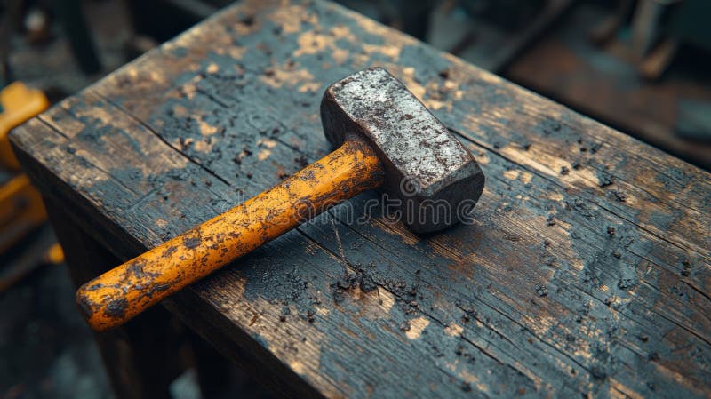 Rustic Hammer on Weathered Workbench, Close-up. Industrial and ...