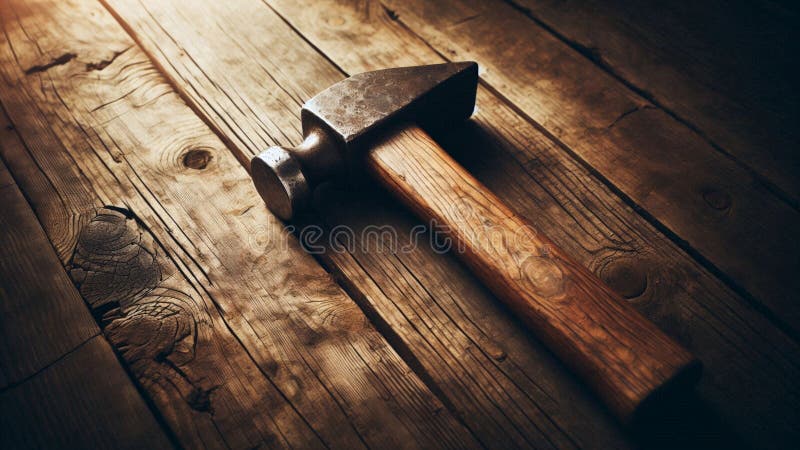 Rustic Hammer on Wooden Surface in Soft Lighting Stock Image - Image of ...