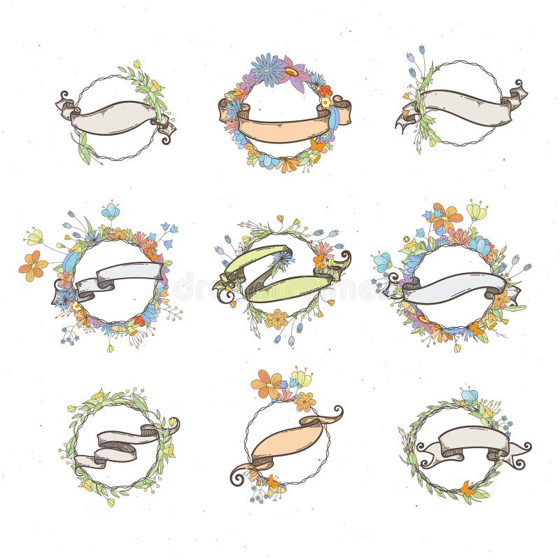 Rustic Hand Drawn Flower Elements and Ribbons Set. Vector Floral ...