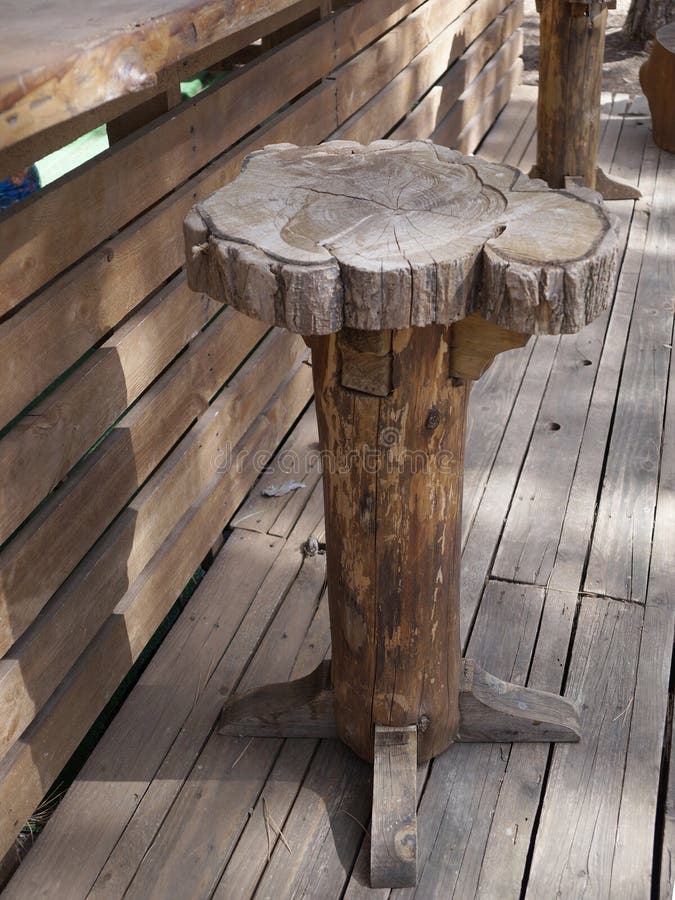 Rustic Handcrafted Wooden Bar Stool on Outdoor Terrace Stock Photo ...