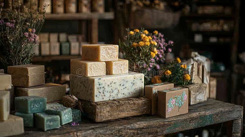 A Rustic Handmade Soap Display with Floral Packaging and Soft Lighting ...