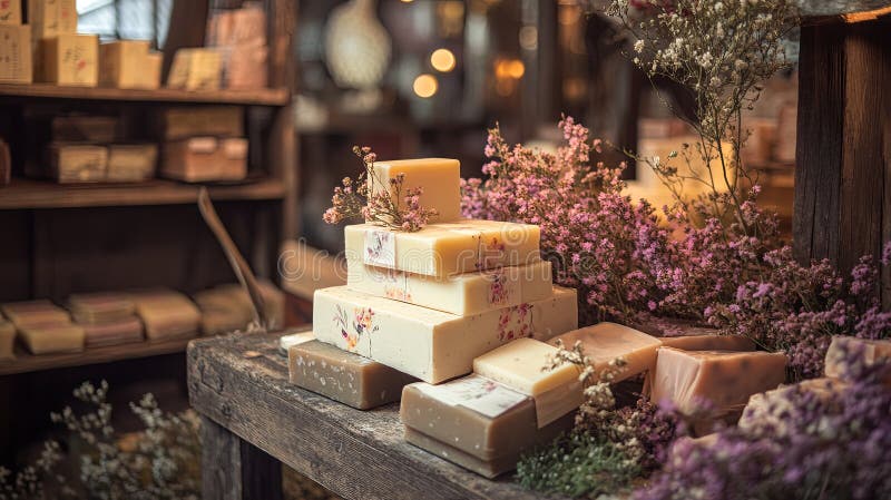A Rustic Handmade Soap Display with Floral Packaging and Soft Lighting ...