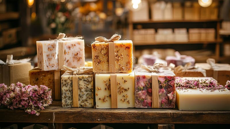 A Rustic Handmade Soap Display with Floral Packaging and Soft Lighting ...
