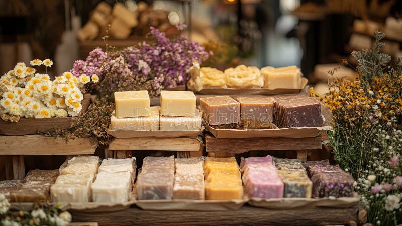 A Rustic Handmade Soap Display with Floral Packaging and Soft Lighting ...