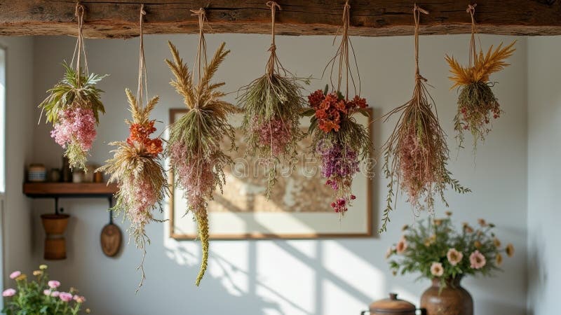 Rustic Hanging Dried Flowers in Cozy Home Interior with Natural ...