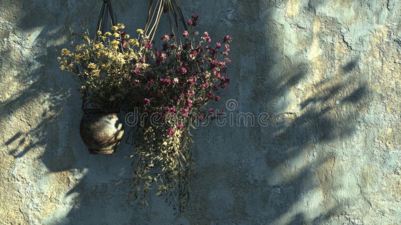 Rustic Hanging Pot with Dried Flowers on Weathered Wall Stock ...
