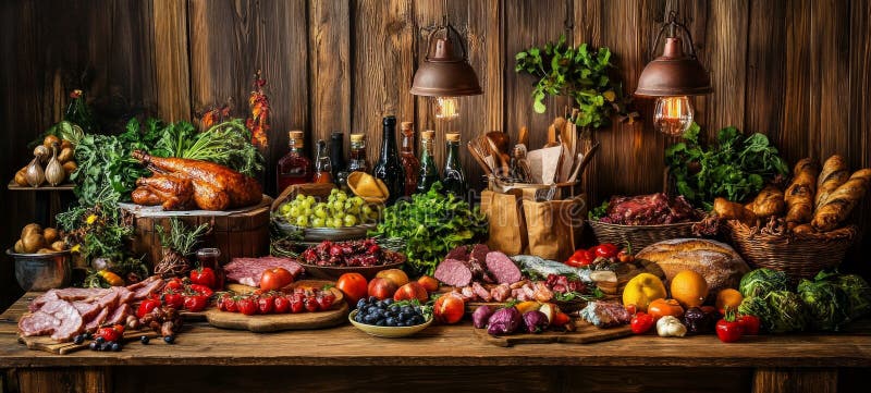 Rustic Harvest Feast Display with Assorted Meats, Vegetables, and ...