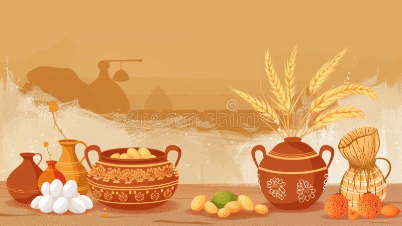 Rustic Harvest Scene with Earthenware, Wheat, and Fresh Produce Stock ...