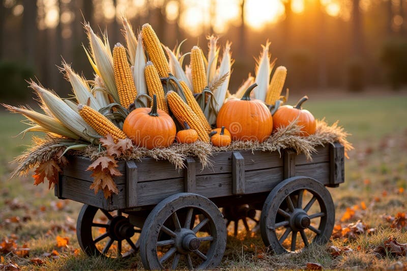 Rustic Harvest Wagon with Pumpkins and Corn in Autumn Sunset Stock ...