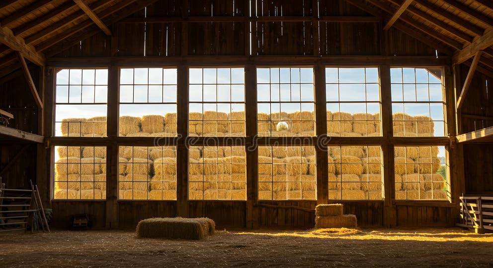 Rustic Hay Barn with Light Streaming through Window Stacked with Bales ...