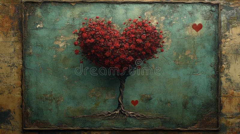 Rustic Heart-shaped Tree with Red Roses on Vintage Background Stock ...