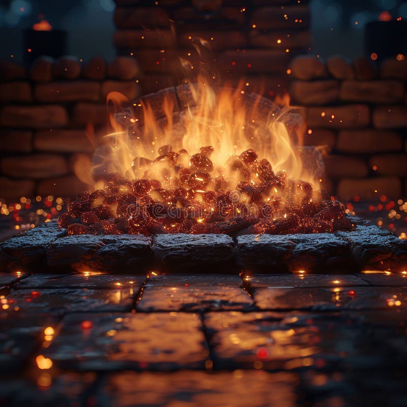 A Rustic Hearth with a Burning Fire, Surrounded by Stone Walls and ...