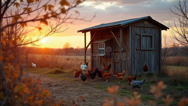 Rustic Henhouse at Sunset with Chickens on a Scenic Farm Landscape ...