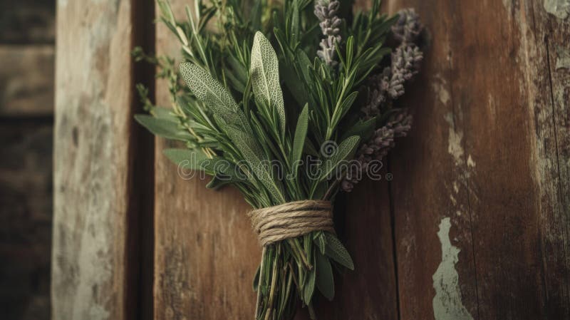Rustic Herb Bouquet on Wooden Background Stock Illustration ...