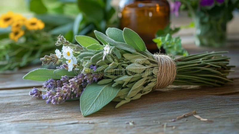 Rustic Herb Bundle with Lavender on Wooden Table Stock Illustration - Illustration of nature ...