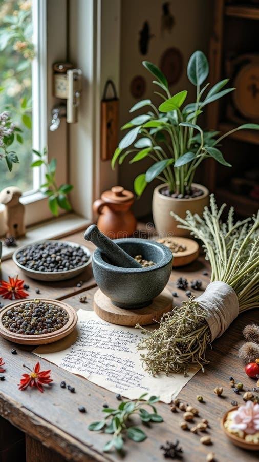 Rustic Herbal Kitchen Scene with Plants, Spices, and Mortar Near Sunlit ...