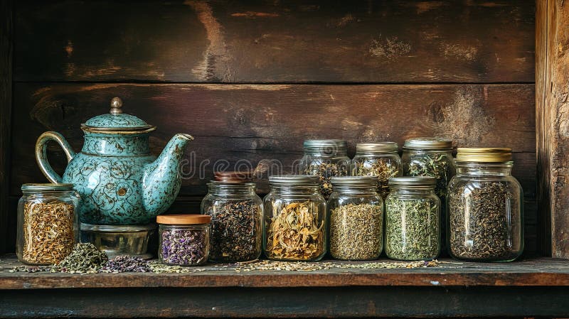 A Rustic Herbal Tea Blending Setup with Jars of Dried Herbs and a Stock ...