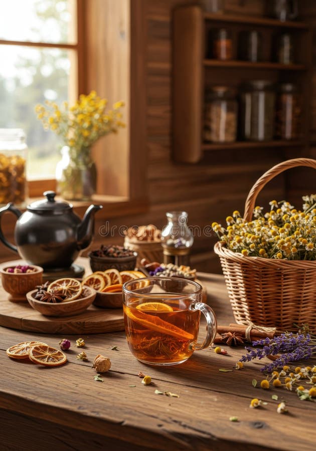 Rustic Herbal Tea Still Life with Dried Herbs and Fruit Stock ...