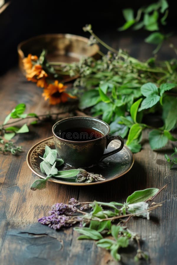 Rustic Herbal Tea in Vintage Cup Surrounded by Fresh Herbs and Flowers ...