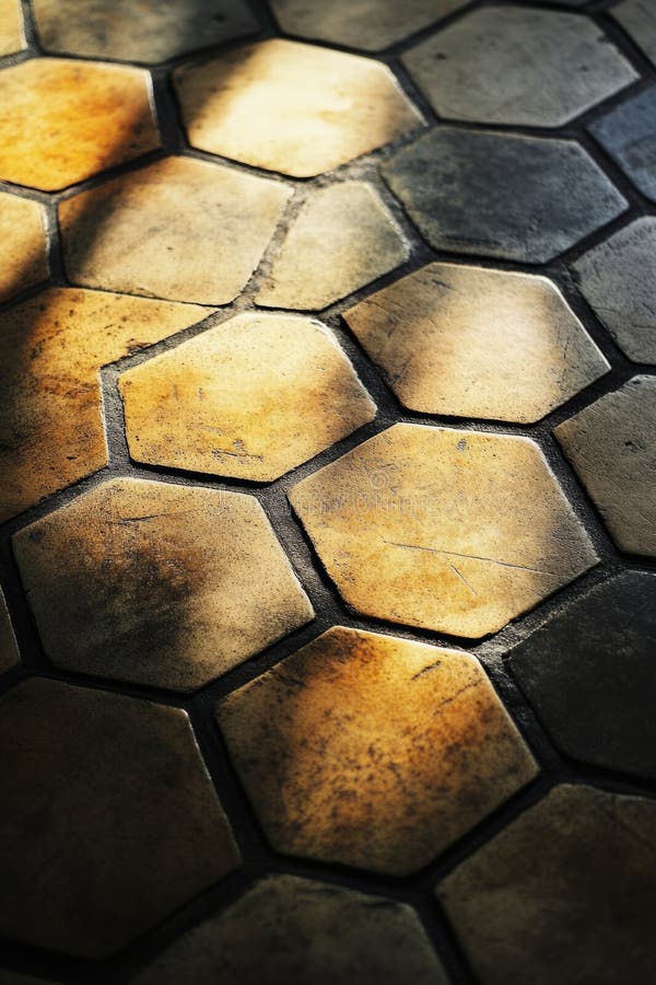 Rustic Hexagonal Stone Tiles with Warm Sunlight and Shadows Stock ...