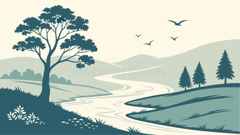 Rustic Hillside with Prominent Tree and Distant Smoke, Vector Design ...