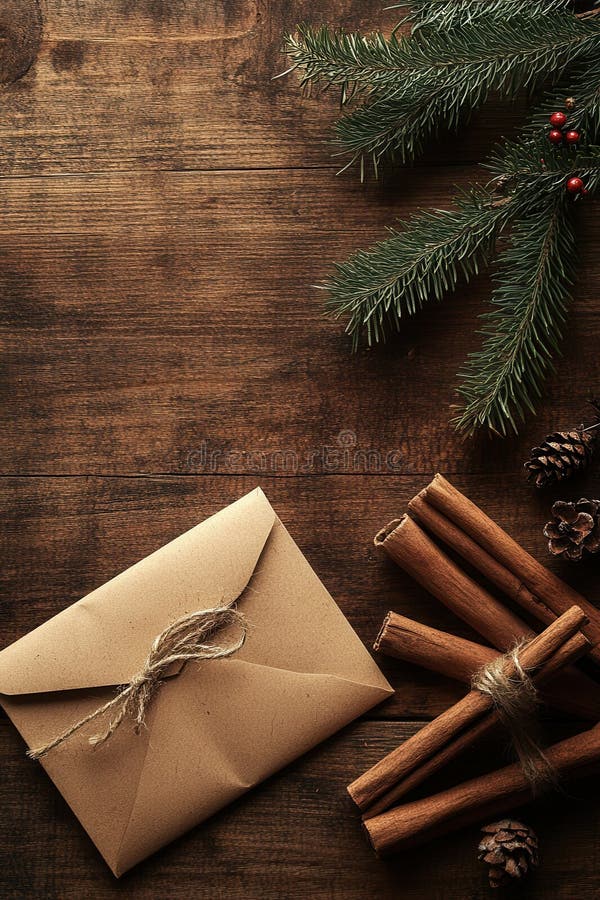 Rustic Holiday Background with Gift, Envelope, and Candlelight Stock ...