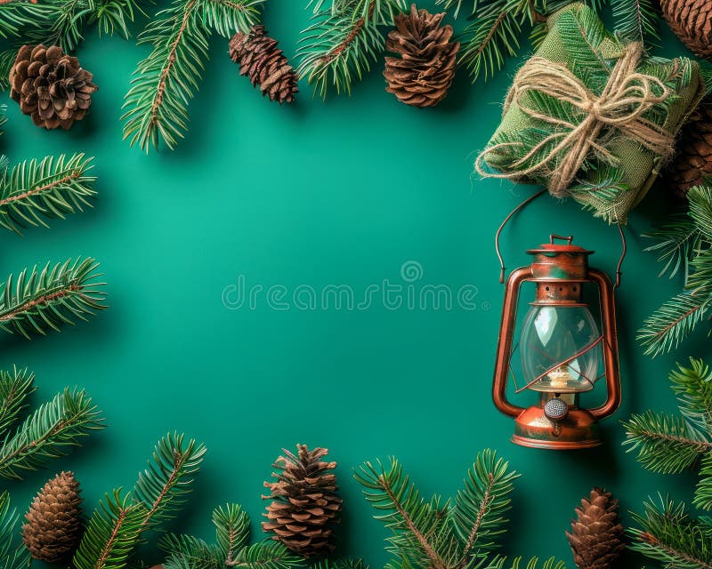 Rustic Holiday Background with Lantern, Pine Cones, Evergreen Branches ...
