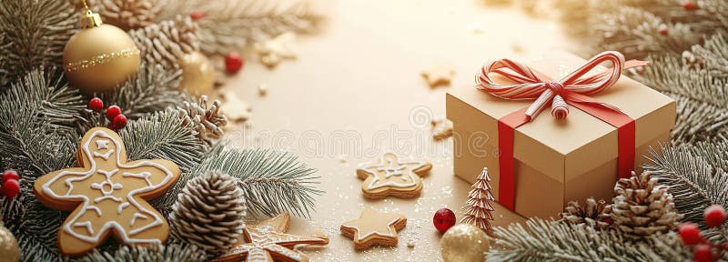 Rustic Holiday Composition with Gift Box and Decorations Stock ...