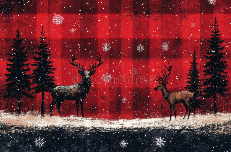 Rustic Holiday Scene with Snowflakes, Deer, and Evergreen Trees on a ...