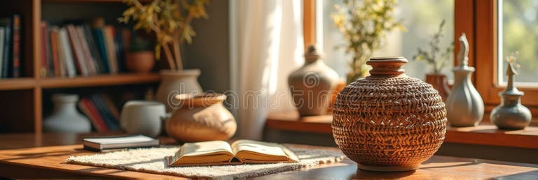 Rustic Home Library with Sunlit Pottery and Open Book on Wooden Table ...