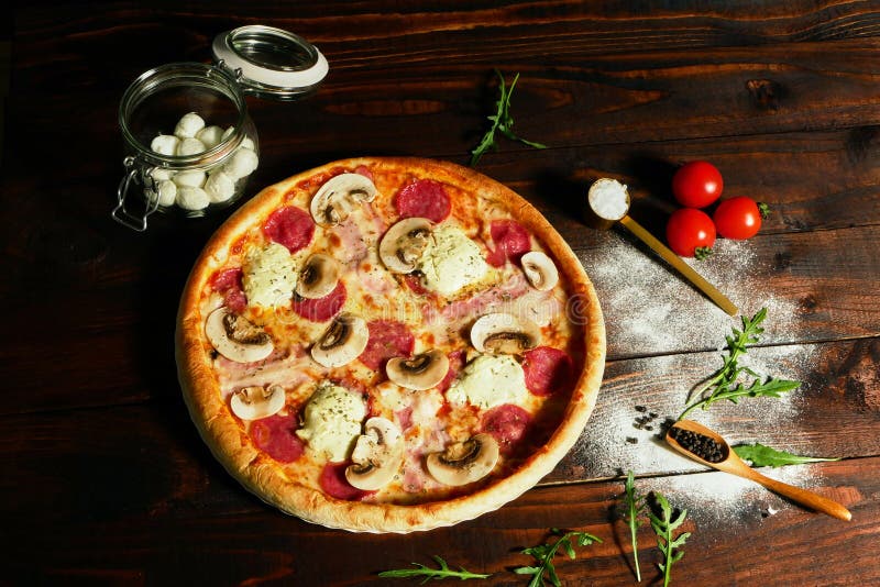 Rustic Home Made Mushroom Pizza Stock Photo - Image of cheese, dough ...