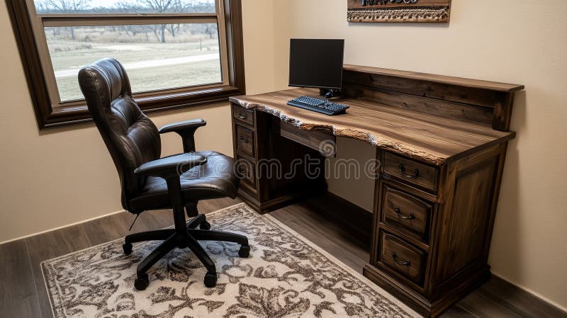 Rustic Home Office Desk, Chair, Countryside View Stock Image - Image of ...