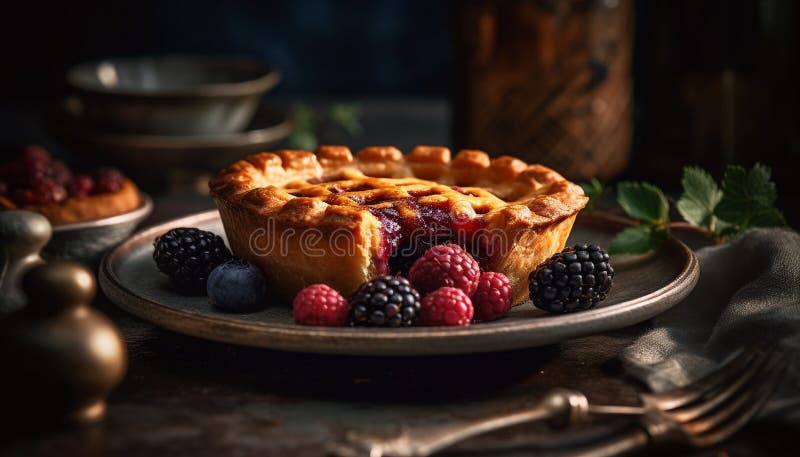 A Rustic Homemade Berry Pie on a Wooden Table Plate Generated by AI ...