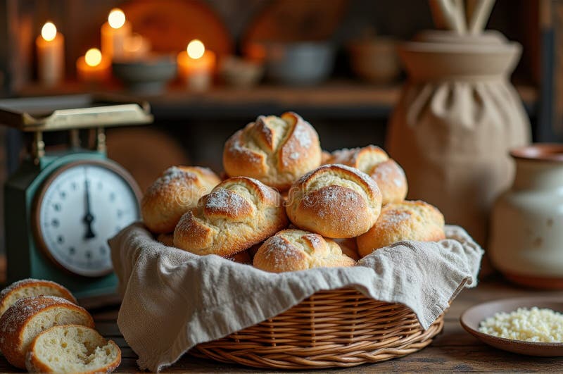 Rustic Homemade Bread Rolls in Basket with Vintage Scale and Candlelit ...