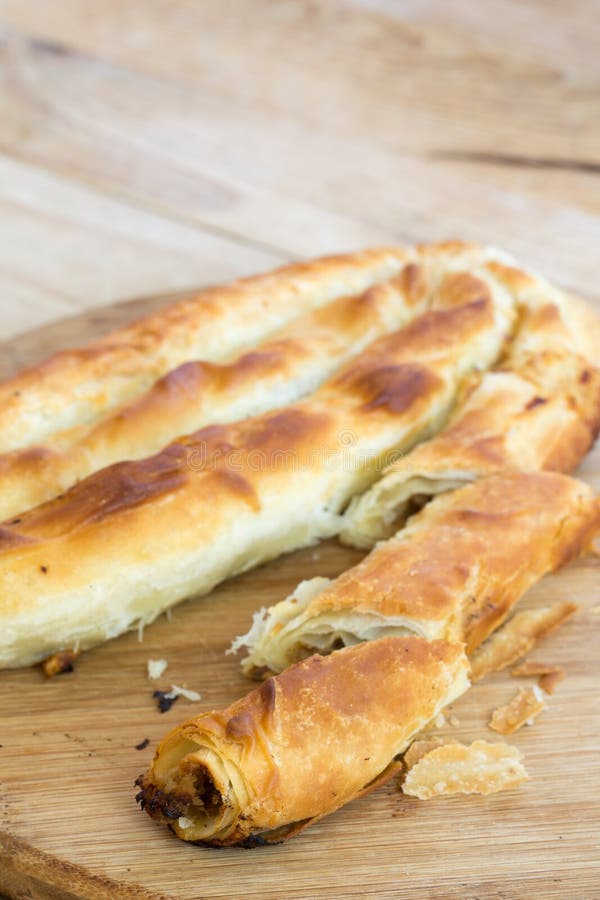 Rustic Homemade Burek Pie with Meat on the Wooden Background Stock ...