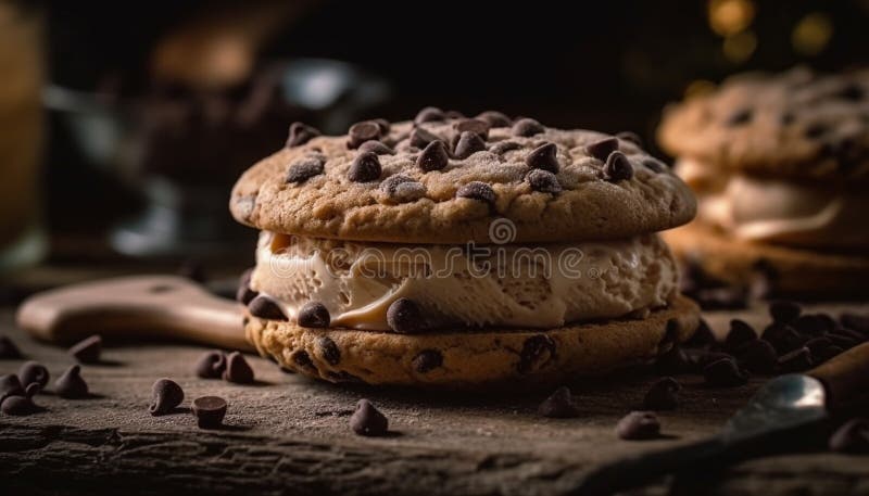 Rustic Homemade Chocolate Chip Cookie Stack on Wooden Plate Indulgence ...