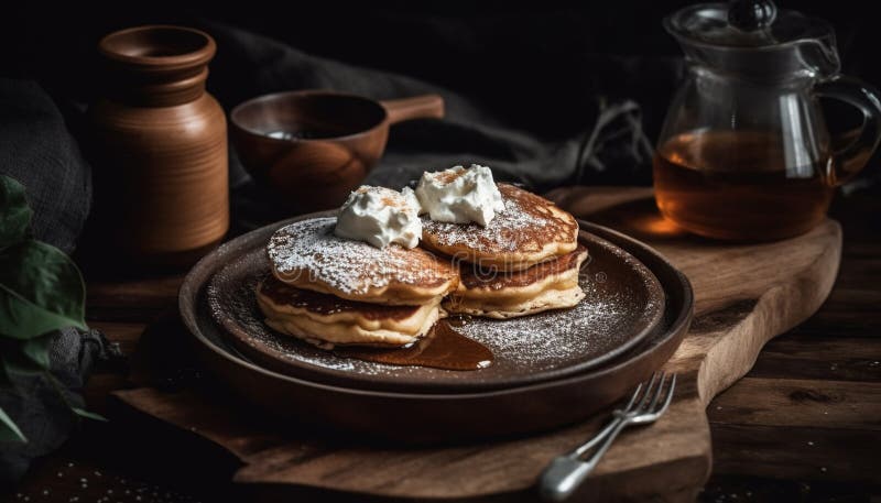 Rustic Homemade Chocolate Pancake Stack Ready To Eat with Berry Syrup ...