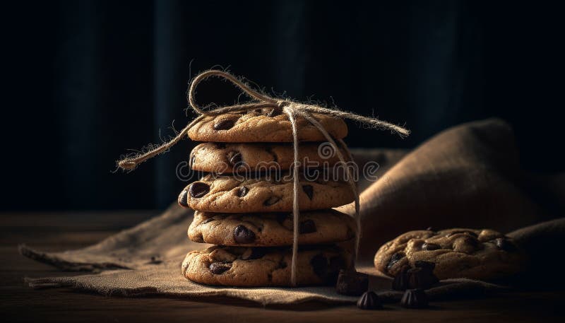 Rustic Homemade Dessert Chocolate Chip Cookie Stack on Burlap Table ...