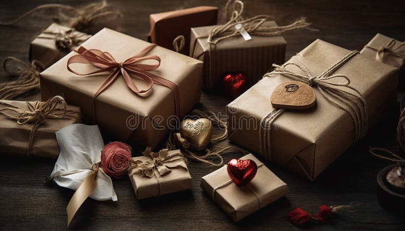 Rustic Homemade Gift Box Wrapped in Ornate Paper and String. Generated ...