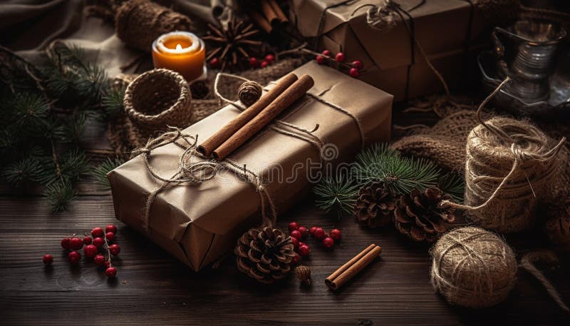 Rustic Homemade Gift Wrapped in Ornate Paper and Rustic Rope Generated ...