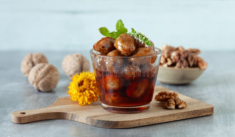 Rustic Homemade Green Walnut Jam in a Glass Jar Stock Image - Image of ...