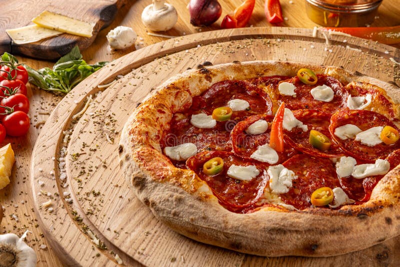 Rustic Homemade Pepperoni Pizza Stock Photo - Image of gourmet, dinner ...