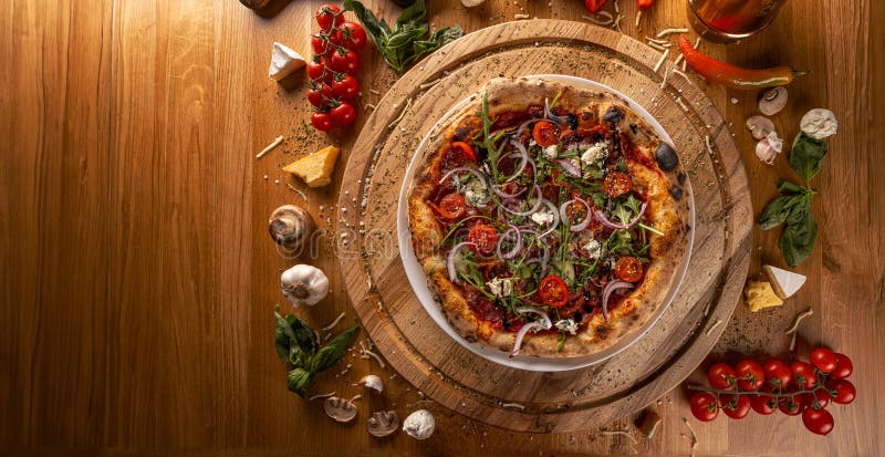 Rustic homemade pizza stock photo. Image of slice, cheese - 322452782