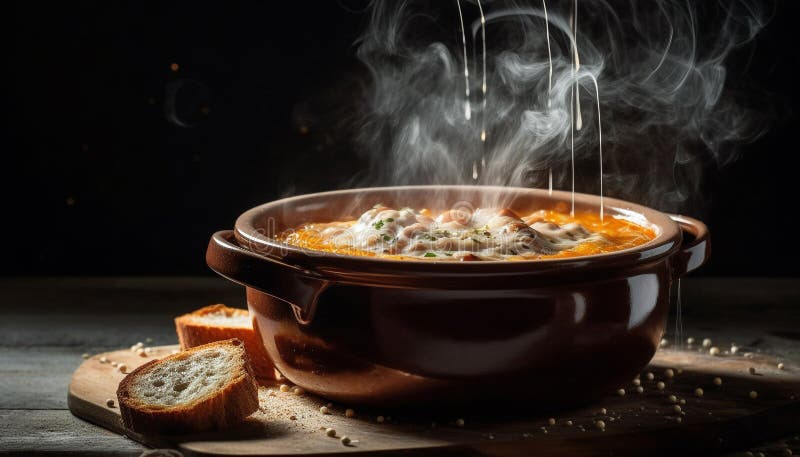 Rustic Homemade Stew with Meat, Vegetables, and Bread on Table ...