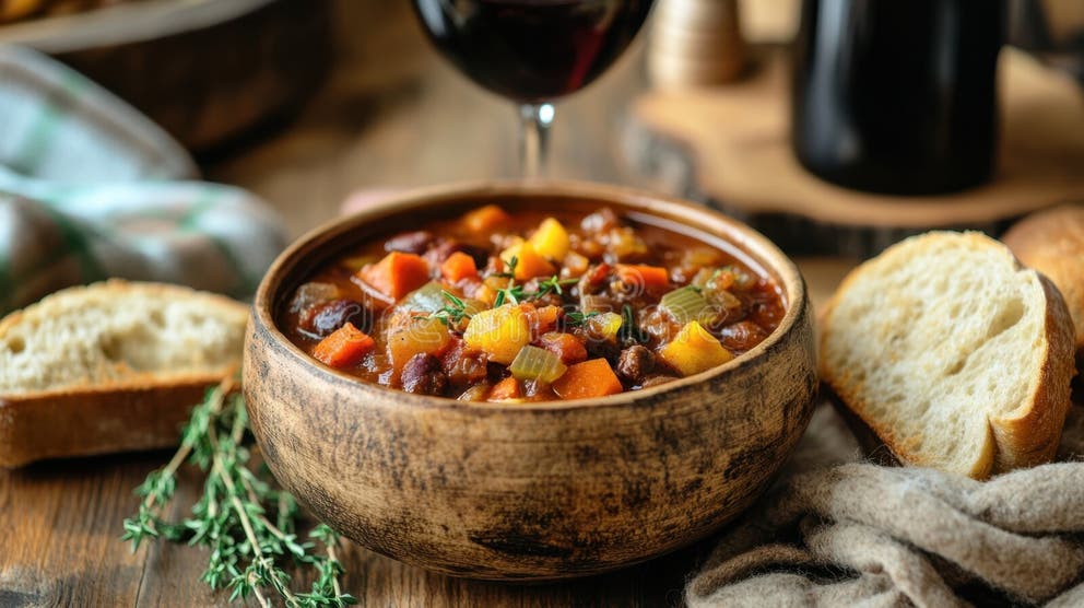 Rustic Homemade Vegetable Stew with Bread and Red Wine Stock Photo ...