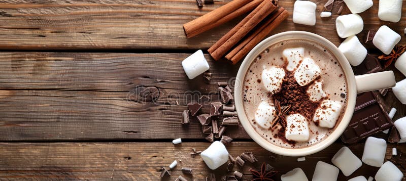 Rustic Hot Chocolate with Marshmallows and Cinnamon Sticks on Wooden ...