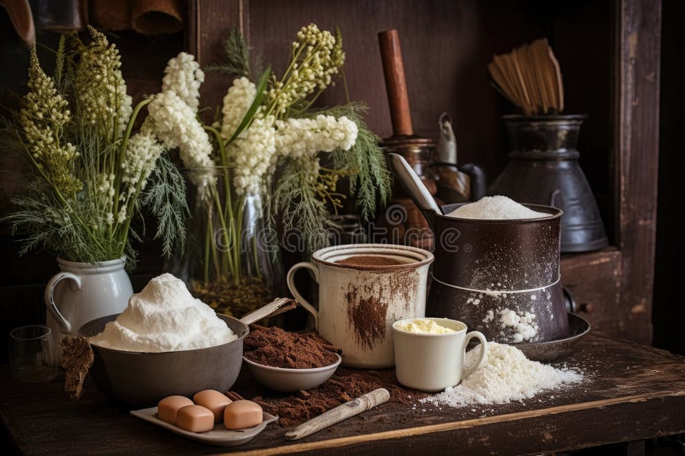 Rustic Hot Chocolate Setup with Vintage Mug and Ingredients Stock Photo ...